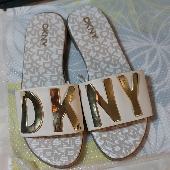 Dkny | Shoes | Dkny Gold Lettering White Slides | Poshmark